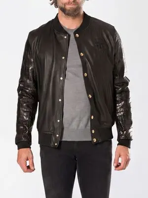 BILLIONAIRE Crocodile And Nappa Leather Bomber Jacket With Snap Buttons - Black