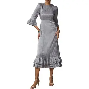 Mint Velvet Metallic Ruffle Sleeve Midi Dress - Silver
