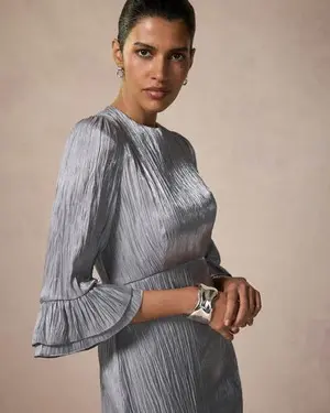 Mint Velvet Metallic Ruffle Sleeve Midi Dress