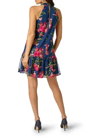 Adrianna Papell Embroidered Floral Mock Neck Mini Dress