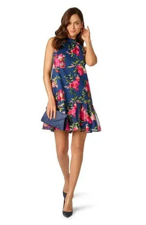 Adrianna Papell Embroidered Floral Mock Neck Mini Dress