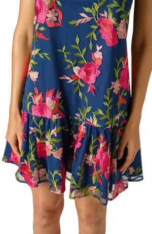 Adrianna Papell Embroidered Floral Mock Neck Mini Dress