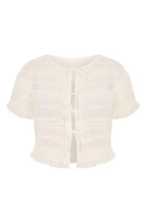 City Chic Emelia Shirred Tie Front Top Creme