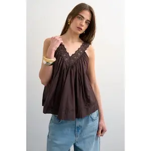 Topshop Deep V-neck Lace Trapeze Top - Brown
