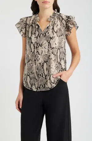 Anne Klein Snake Print Ruffled Sleeve Tied Neck Top - Latte Multi