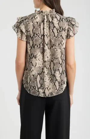 Anne Klein Snake Print Ruffled Sleeve Tie Neck Blouse