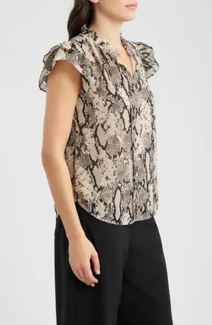 Anne Klein Snake Print Ruffled Sleeve Tie Neck Blouse