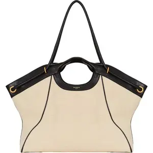 Balmain Large Tote In Smooth Leather And Canvas - Beige