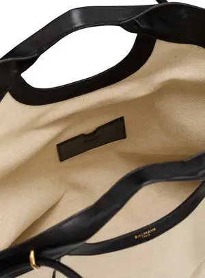 Balmain Large Tote In Smooth Leather And Canvas - Beige