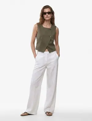 Koton Crew Neck Asymmetric Linen Vest - Brown