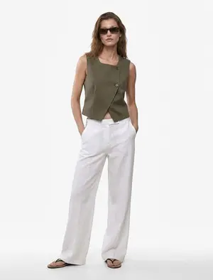 Koton Crew Neck Asymmetrical Linen Vest - Brown