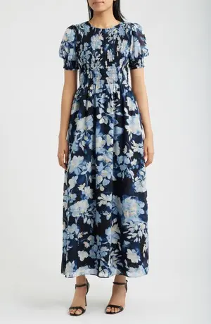 Anne Klein Smocked Puff Sleeve Maxi Dress - Dutch Blue Multi