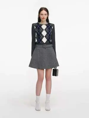 SELF-PORTRAIT Argyle Wool Sweater With Rhinestone Trim - Grigio