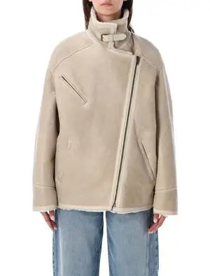 Isabel Marant Étoile Adelina Shearling Jacket With Asymmetric Zip And Buckled Collar - Beige