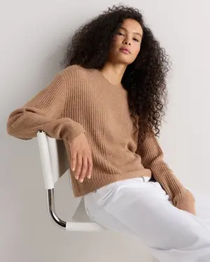 Quince Lightweight Baby Alpaca Ribbed Crewneck Sweater - Dune Camel