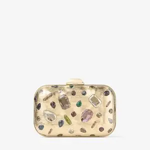 JIMMY CHOO Gold Textured Metal Crystal Embellished Clutch Bag - Gold/multi