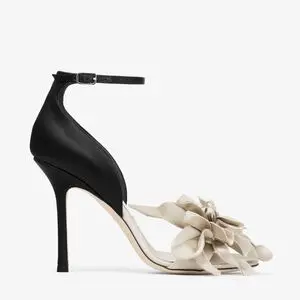 JIMMY CHOO Coko 100mm Satin Sandals With Floral Accent - Bone/black