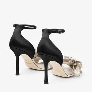 JIMMY CHOO Coko 100mm Satin Sandals With Floral Accent - Bone/black