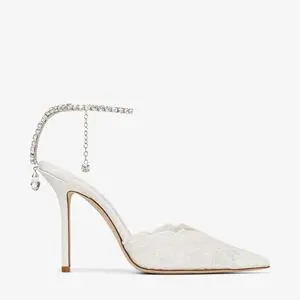 JIMMY CHOO Saeda 100 Ivory Lace Pumps With Crystal Chain Anklet Ivory/crystal - Neutral