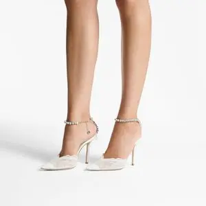 JIMMY CHOO Saeda 100 Lace Pumps With Crystal Chain Anklet