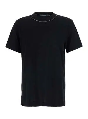 Dolce & Gabbana Crew Neck T-shirt With Logo Lettering On The Neck In Cotton For - Black