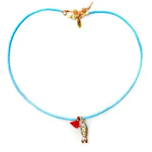 Persia Donà Jewelry Turquoise Beaded Choker Necklace With Gold Fish Pendant - Blue