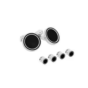 Tateossian Silver / Black Thompson Tambor Cufflink Stud Set In White Bronze Plated With Onyx - Silver/black