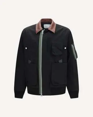 Sacai Cotton Bomber Jacket With Leather Details - Black