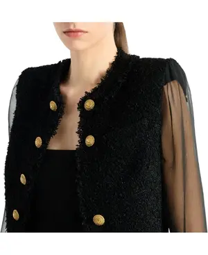 Balmain Cropped Tweed Jacket With Sheer Sleeves