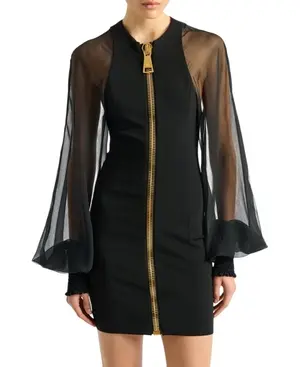 Balmain Zip Up Sheer Sleeve Mini Dress