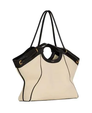 Balmain Large Tote In Smooth Leather And Canvas - Beige