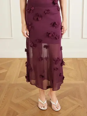 Simkhai Cora Floral Appliqué Midi Skirt - Burgundy