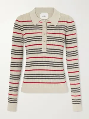 THE ELDER STATESMAN Libeccio Striped Wool, Silk, And Linen-blend Knitted Polo - Neutrals