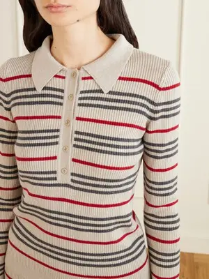 THE ELDER STATESMAN Libeccio Striped Wool, Silk, And Linen-blend Knitted Polo - Neutrals