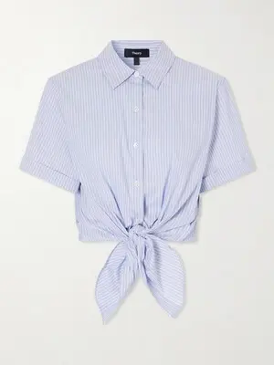 Theory Knotted Cropped Striped Cotton-blend Poplin Shirt - Blue