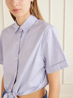 Theory Knotted Cropped Striped Cotton-blend Poplin Shirt - Blue