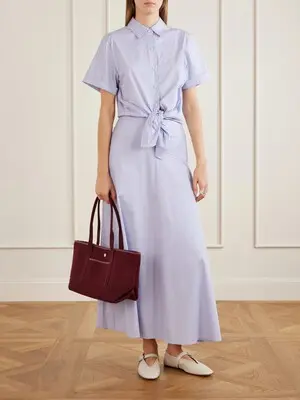 Theory Knotted Cropped Striped Cotton-blend Poplin Shirt - Blue