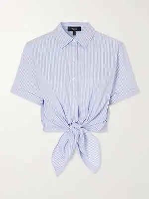 Theory Knotted Cropped Striped Cotton-blend Poplin Shirt - Light Blue