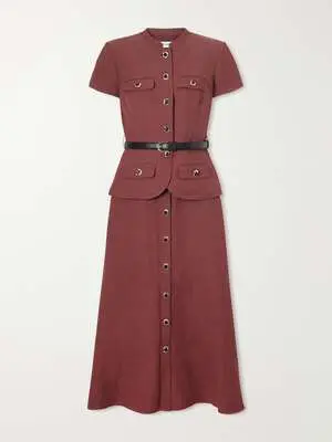 SELF-PORTRAIT Belted Peplum Midi Dress - Brown