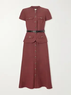 SELF-PORTRAIT Belted Peplum Midi Dress - Brown