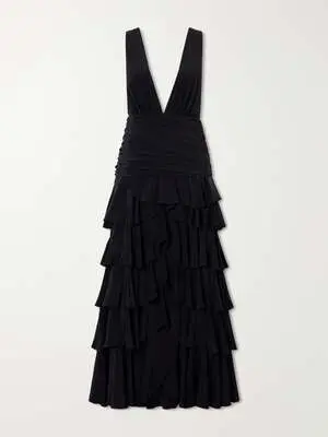 Johanna Ortiz A Map Of Gentle Winds Tiered Ruffled Silk-crepe Maxi Dress - Black