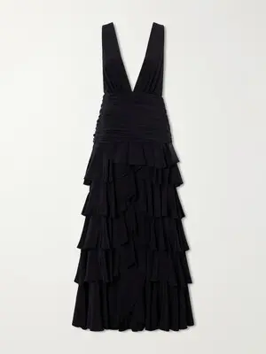 Johanna Ortiz Tiered Ruffled Silk-crepe Maxi Dress - Black