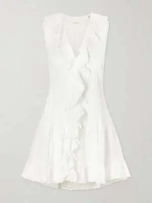 DÔEN Henrietta Ruffled Embroidered Ramie Mini Dress - White