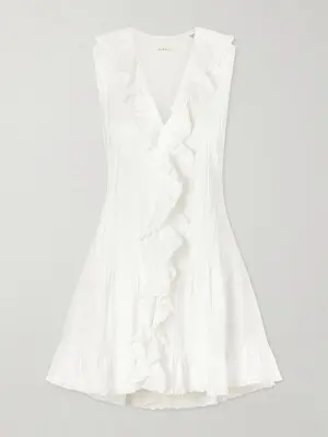 DÔEN Henrietta Ruffled Embroidered Ramie Mini Dress - White