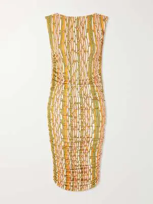 La DoubleJ Printed Ruched Mesh Mini Dress - Orange