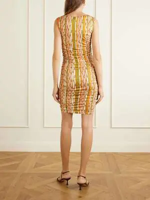La DoubleJ Printed Ruched Mesh Mini Dress