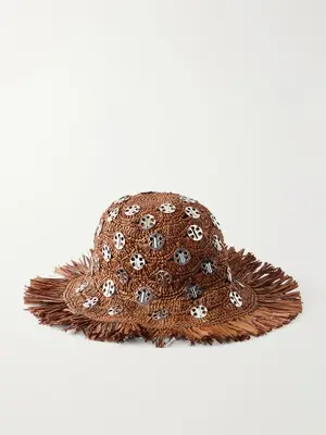 Rabanne Embellished Fringed Raffia Hat - Brown