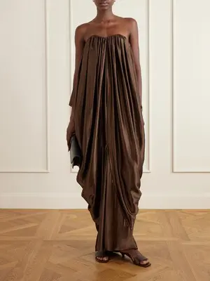 ABADIA Draped Strapless Satin Gown