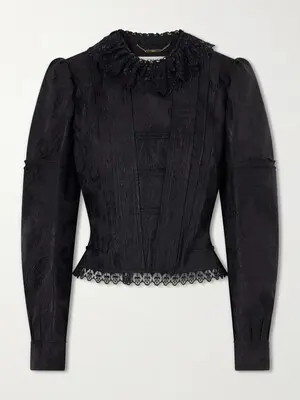 Chloé Ruffled Lace-trimmed Floral-jacquard Jacket - Black