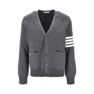 Thom Browne Cotton Cardigan With 4 Bar Detail - Grey